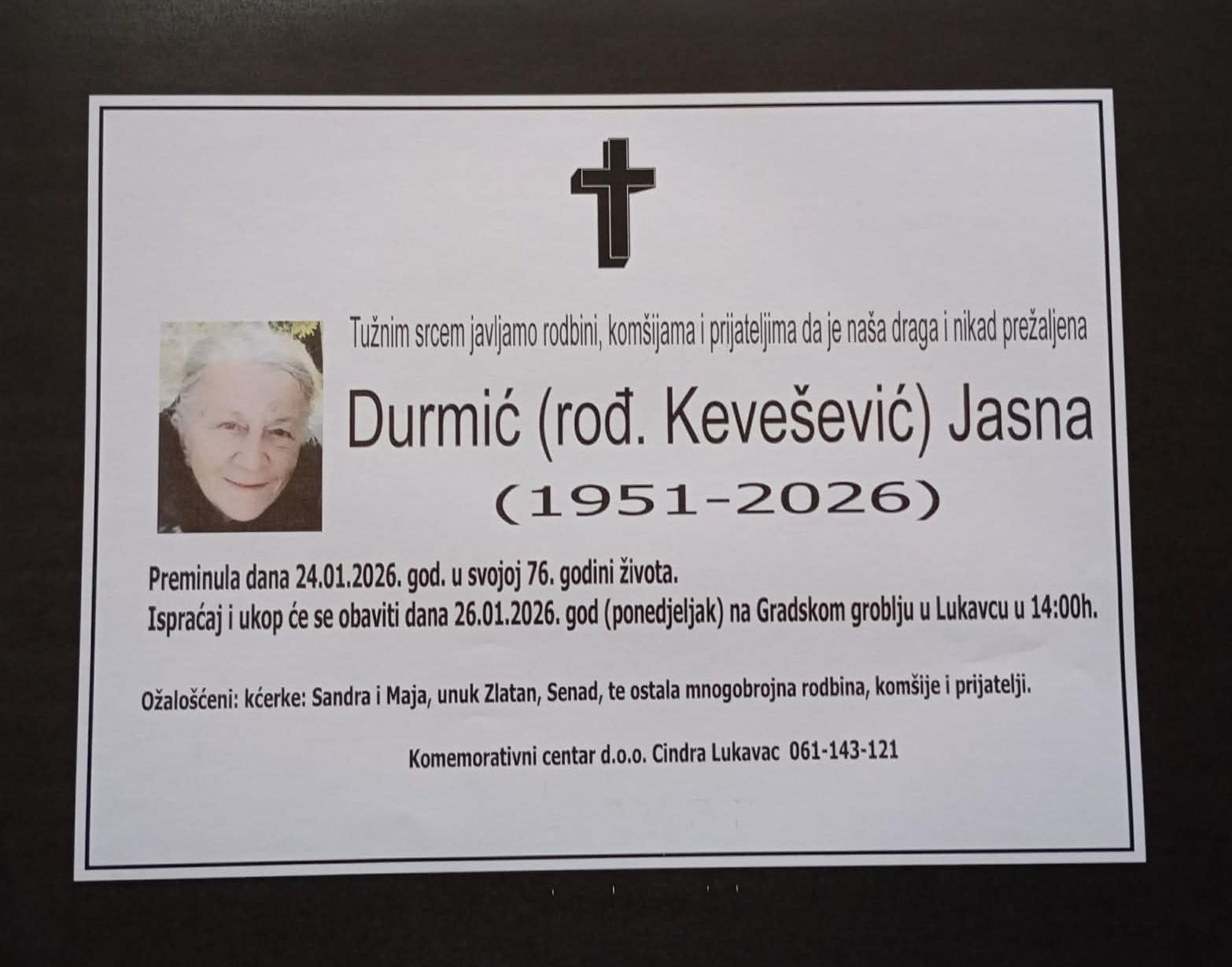 Danas posljednji ispraćaj Jasni Durmić
